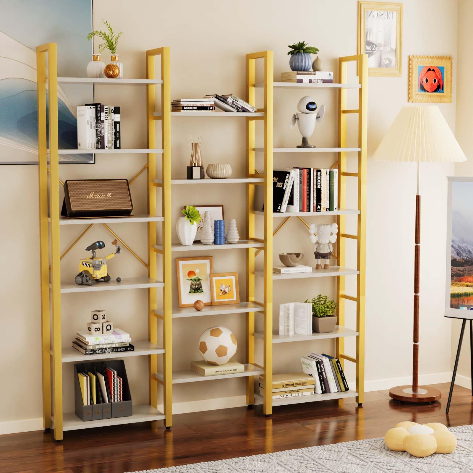 oneinmil Triple Wide 6-Shelf Bookcase Industrial Vintage Wood Style Large Open Bookshelves for Home&Office, Rustic Brown (6 Tier, White/Gold)