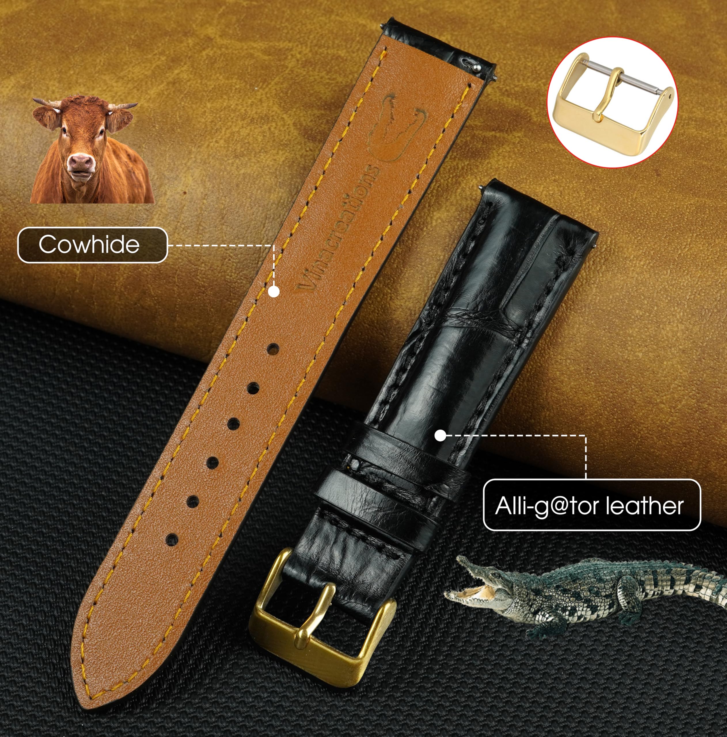 vinacreations 20mm Black AIIigator Watch Band Men Quick Release Handmade Leather Strap Croc Replacement Wristband Gold Stainless Steel Buckle, Christmas Father's Day Gift for Dad Husband DH-01G-20MM