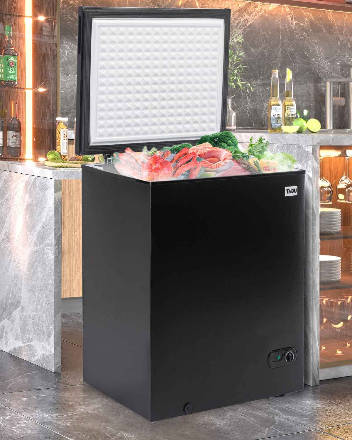 TABU 10.0 Cu Ft Chest Freezer, Deep Freezer with Removable Storage Basket, Top Open Door Chest Freezer, Black Freezer with 7 Level Adjustable Temperature, Compact Freezer with Top Open Door (Black)