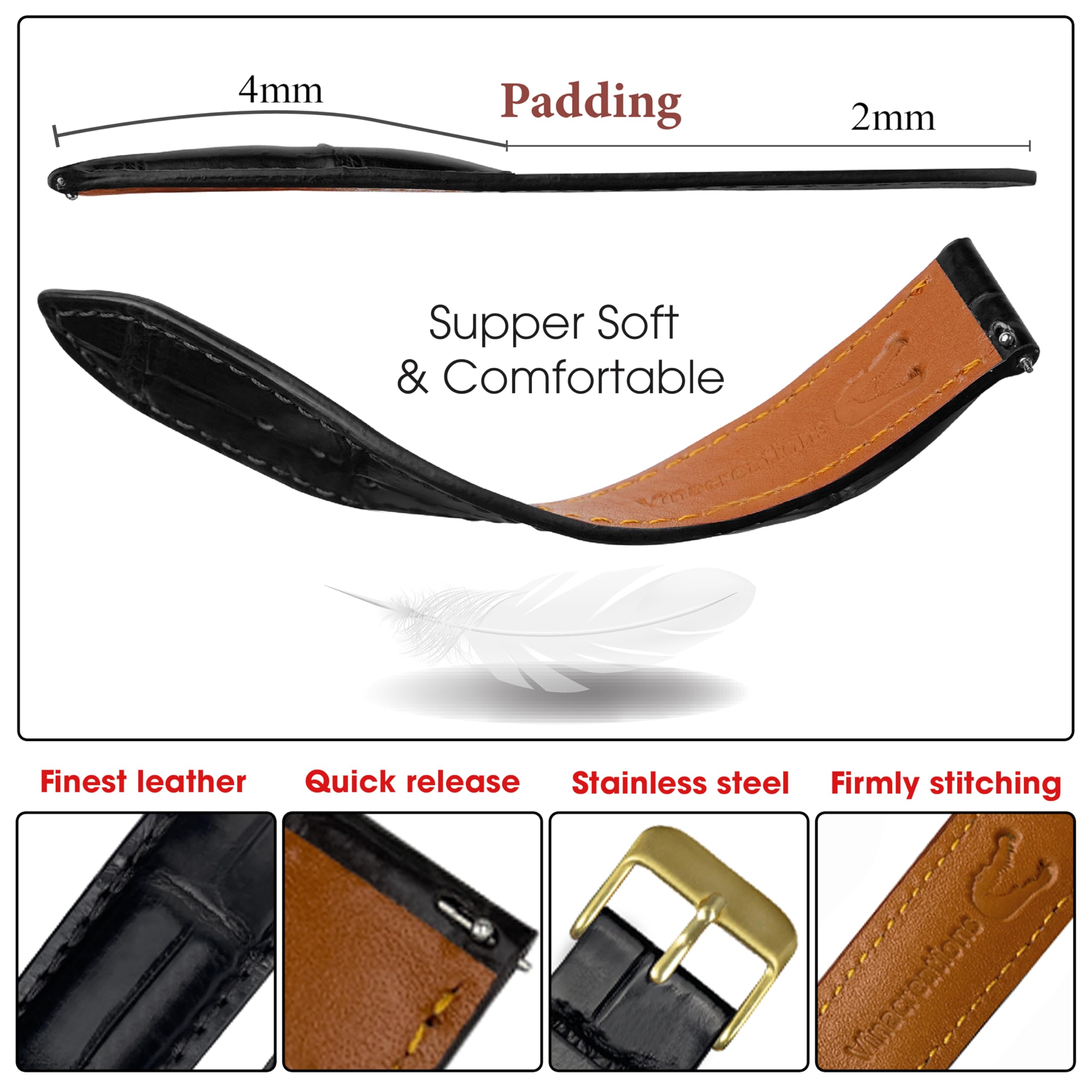 vinacreations 20mm Black AIIigator Watch Band Men Quick Release Handmade Leather Strap Croc Replacement Wristband Gold Stainless Steel Buckle, Christmas Father's Day Gift for Dad Husband DH-01G-20MM