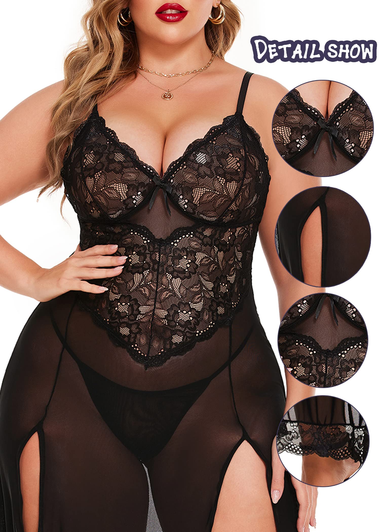 Avidlove Women's Lingerie Plus Size Split Long Mesh Lingerie Dress Babydoll Chemise Black Nightgown 5X-Large