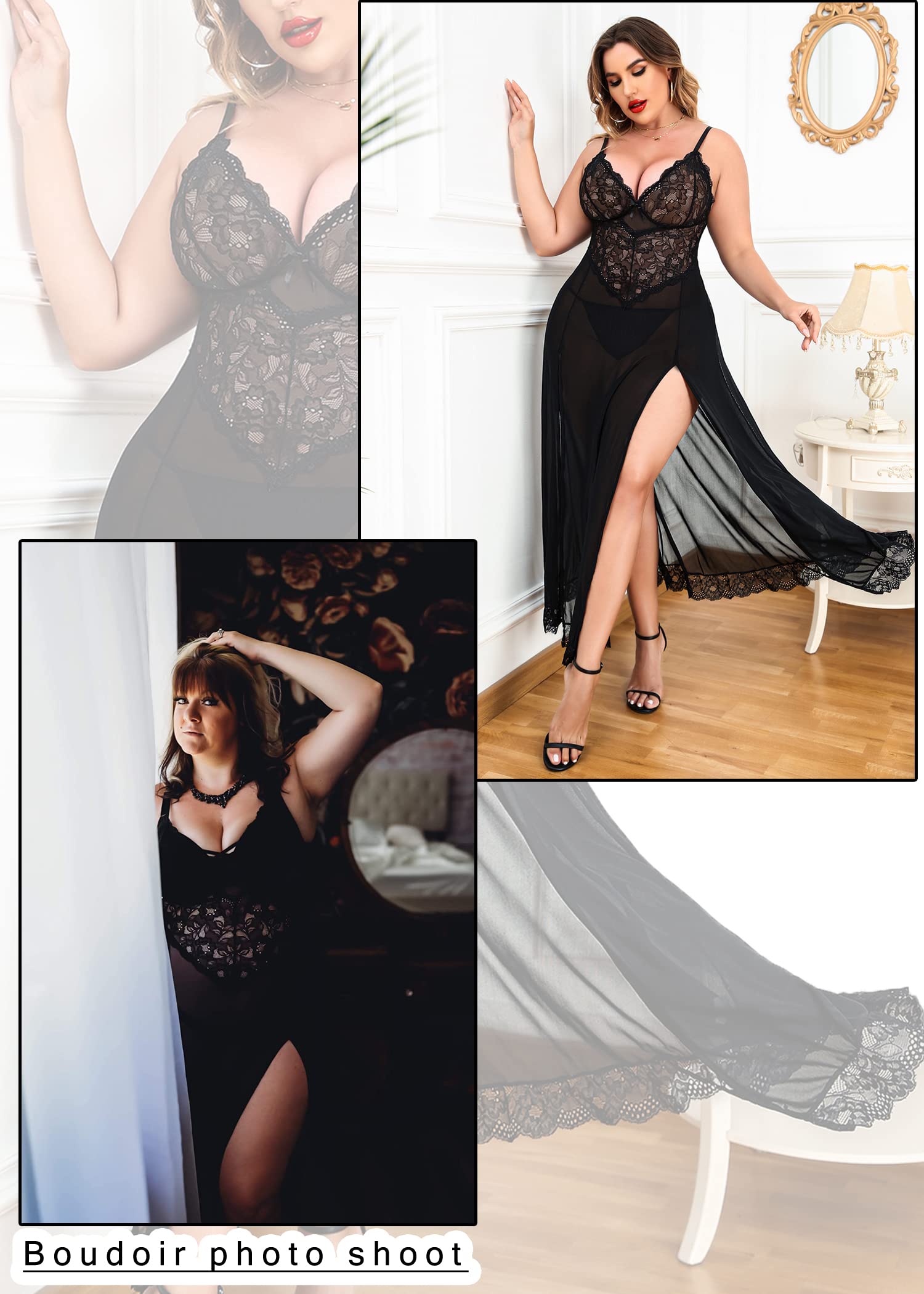Avidlove Women's Lingerie Plus Size Split Long Mesh Lingerie Dress Babydoll Chemise Black Nightgown 5X-Large