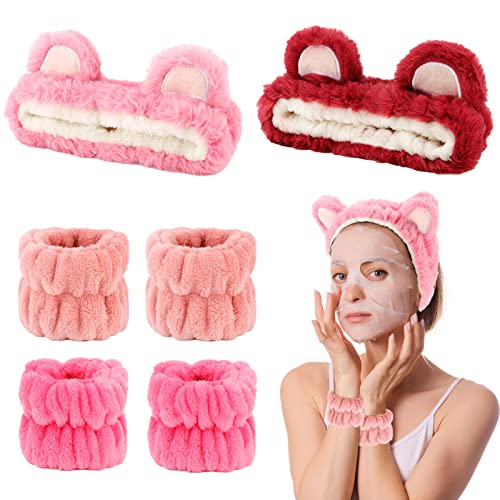 AMCAMI 6 Pcs Spa Headband Face Wash Headband and Wristband Set, Girls' Cute Bear Ears Headband Plush Animal Makeup Skincare Headbands with Face Washing Wristband for Women