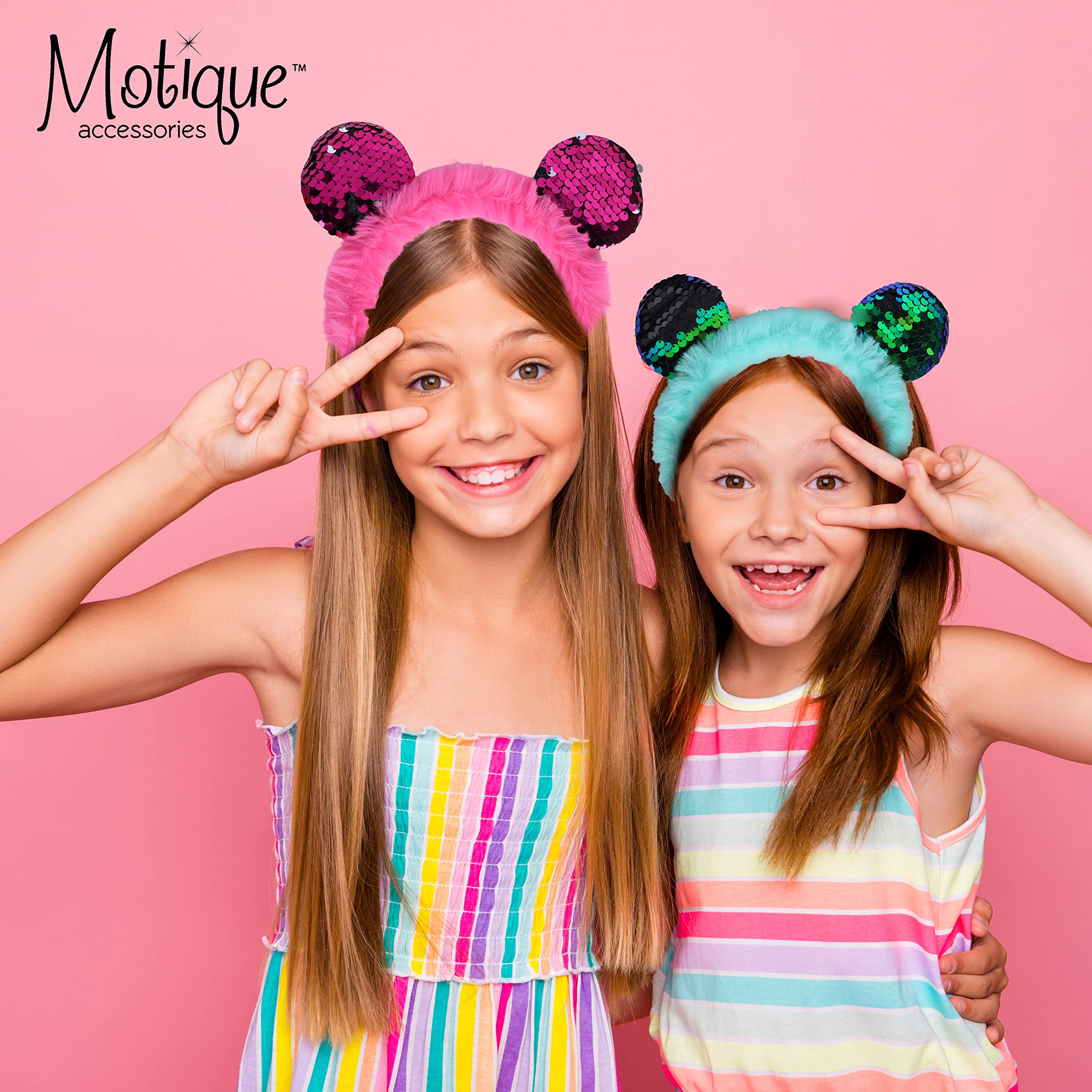 Motique Accessories Fur Mouse Ears Headband with Reversable Sequins for Women and Girls- Hot Pink