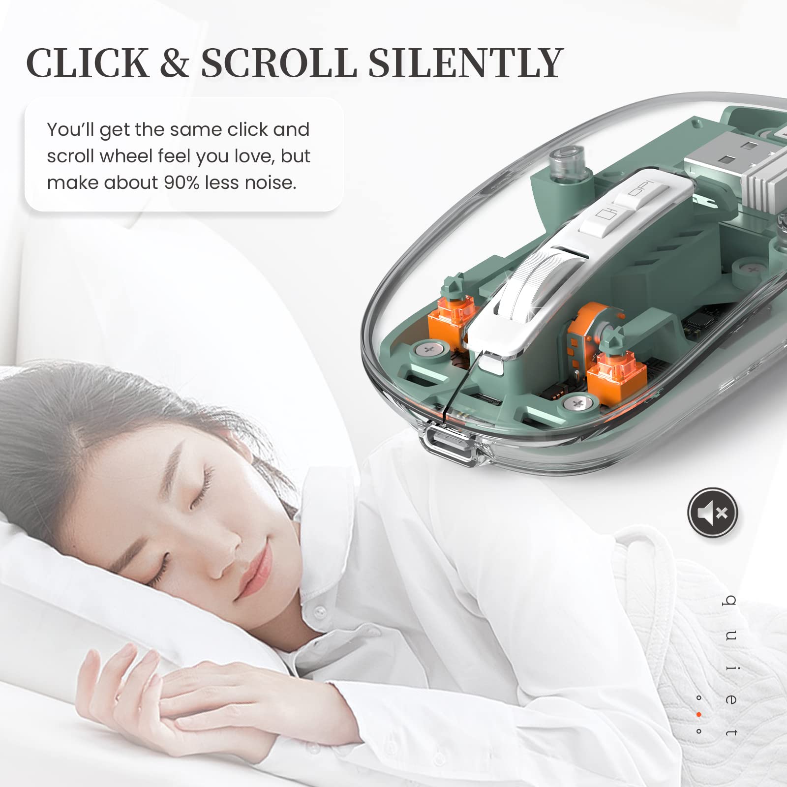 A.JAZZ Wireless Bluetooth5.1&2.4G Mini Lightweight Mouse,Transparent Clear Cool,Rechargeable Silent Computer Mice,Nano USB C Receiver,LED Battery Magic Silm for Office/PC/Mac/Laptop/Apple/ipad(Green)