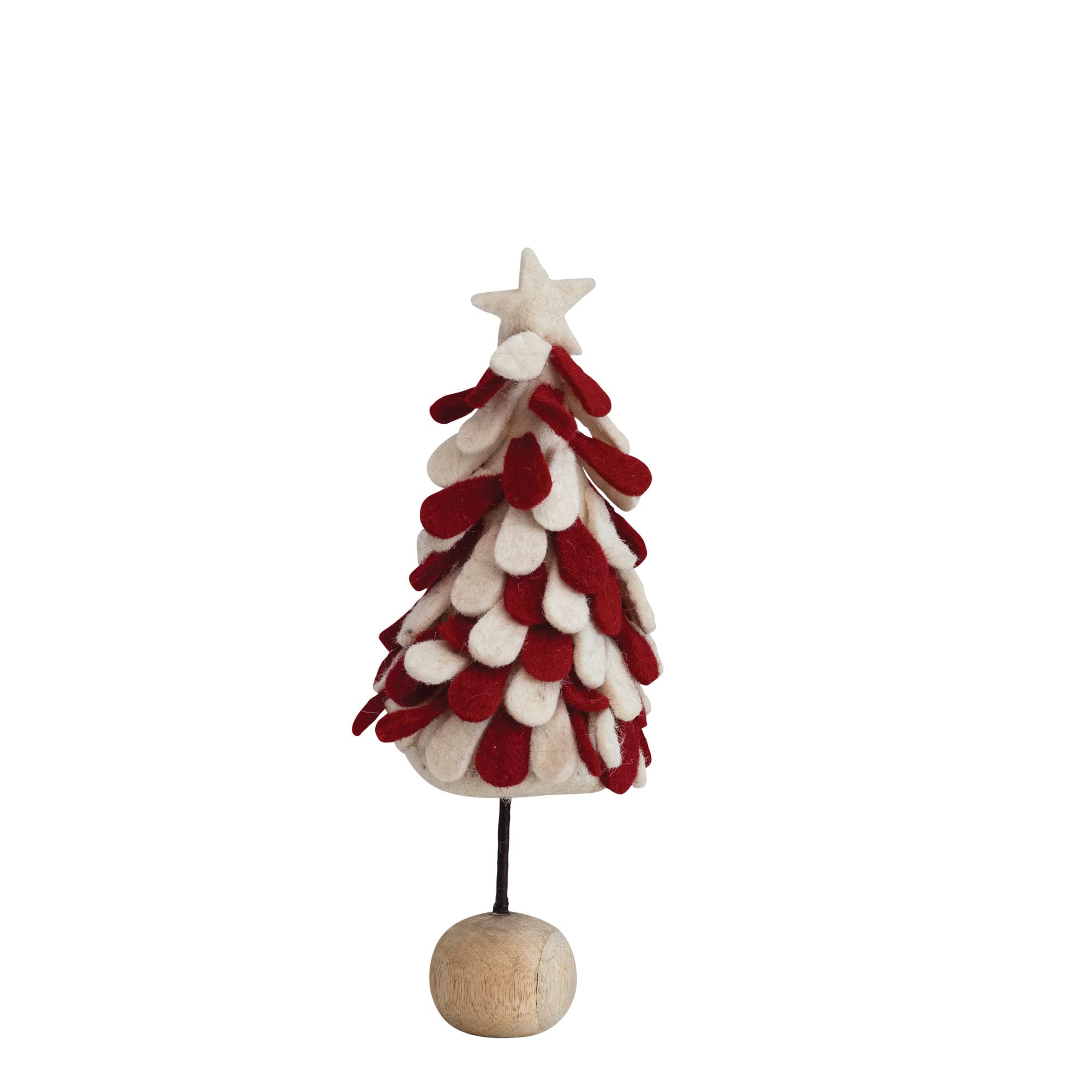 Creative Co-Op 5" Round x 13" H Handmade Wool Felt Tree w/Star & Wood Ball Base, White & Red