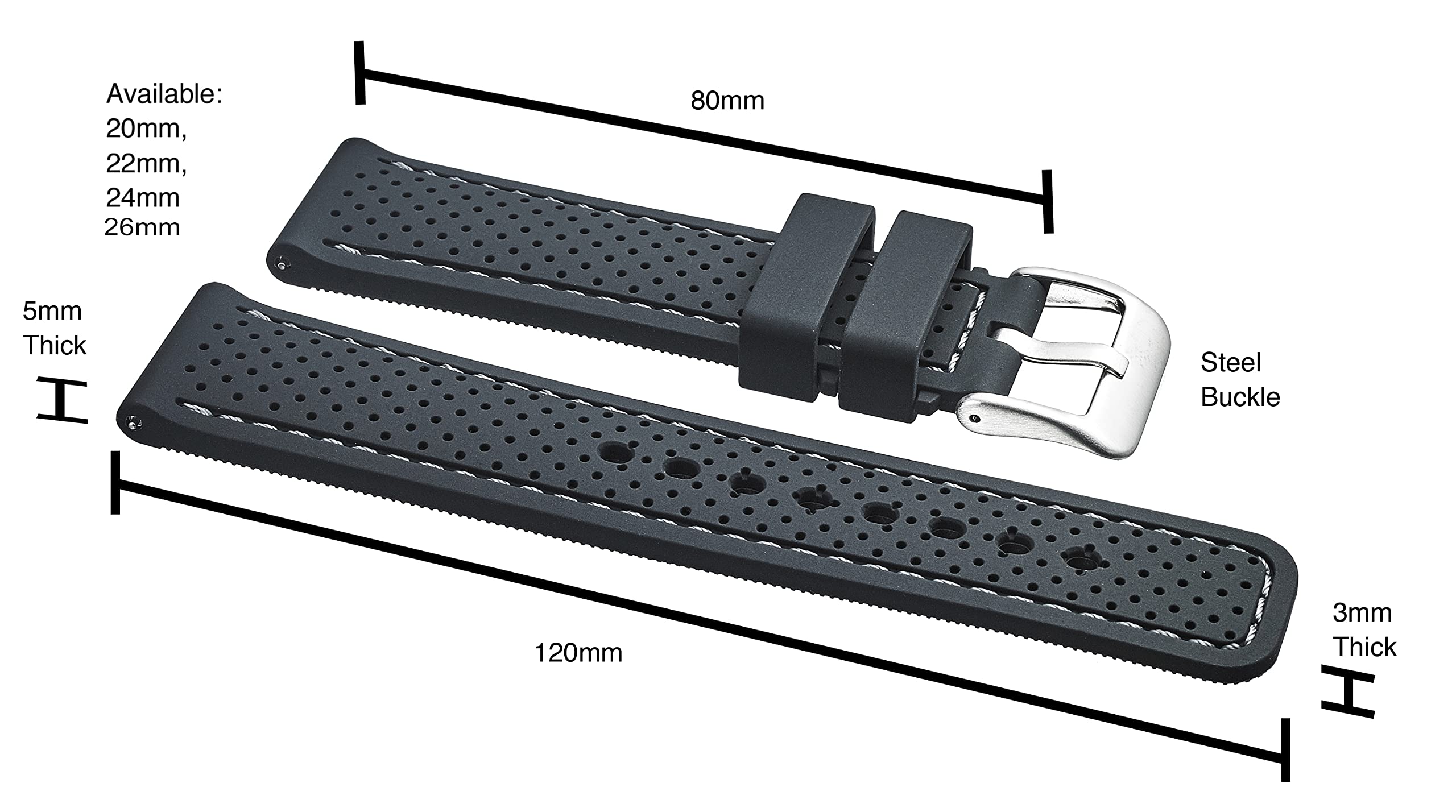 STUNNING SELECTION ALPINE Premium quality waterproof silicone watch band strap with quick release â Soft rubber black watch band 22mm - grey stitching