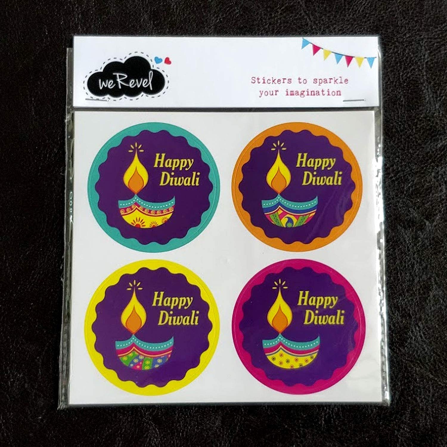 weRevel Happy Diwali Party Stickers, 40 Count, 2 Inches, Round, 4 Unique Designs