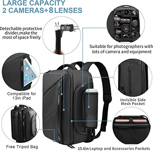 Cwatcun Professional Camera Backpack - Waterproof DSLR/SLR/Mirrorless Camera Case - Compatible with Sony, Canon, Nikon - Ipad, 15.6in Laptop, Tripod Accessories - Black