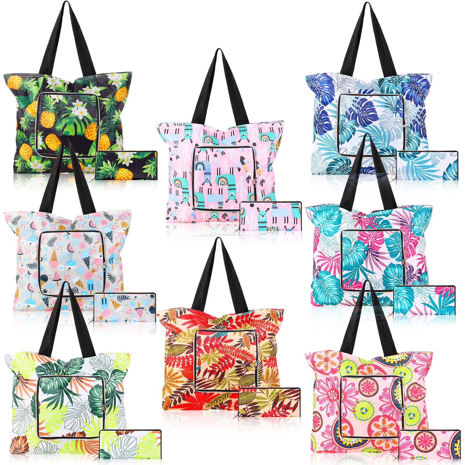 Cunno 8 Pcs Summer Reusable Shopping Bags for Groceries 13.78 x 17.72 x 4.72 Inch Beach Foldable Tote Bag with Zipper and Handles Large Capacity Waterproof Travel Tote Bags for Women Work Gym