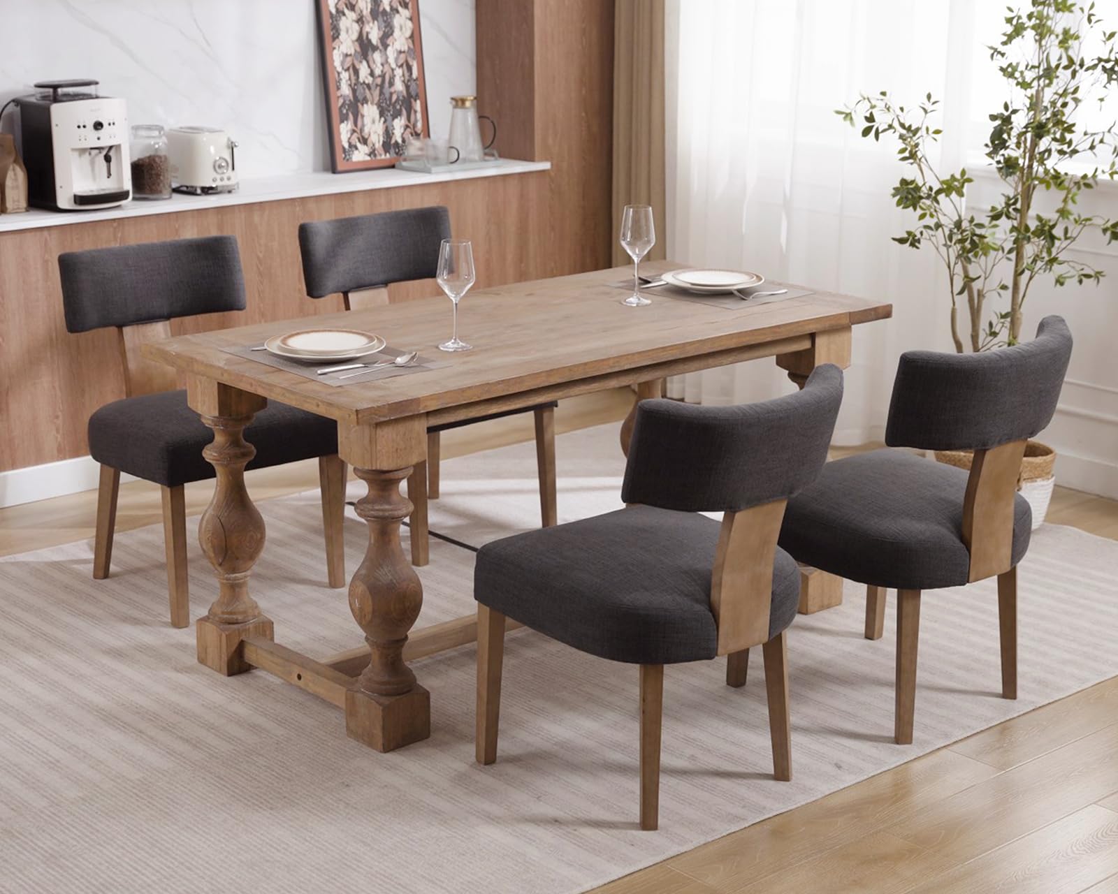 HNY, Hi&Yeah Mid Century Modern Dining Chairs, Linen Fabric Upholstered and Curved Backrest Kitchen Chairs Set of 2, with Hardwood Frame, Charcoal