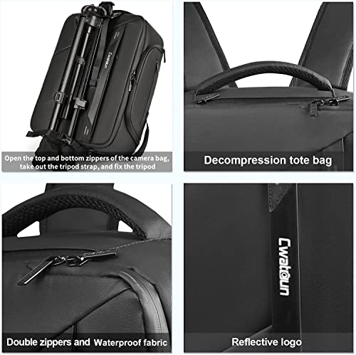 Cwatcun Professional Camera Backpack - Waterproof DSLR/SLR/Mirrorless Camera Case - Compatible with Sony, Canon, Nikon - Ipad, 15.6in Laptop, Tripod Accessories - Black