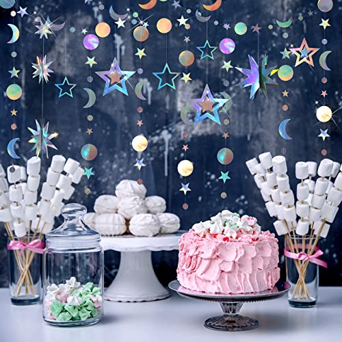 7 Pcs Iridescent Moon Star Garland Streamer, Bling Bling 3D Twinkle Little Stars Hanging Decor Backdrop for Baby Shower Birthday Graduation Eid Mubarak Party Decoration