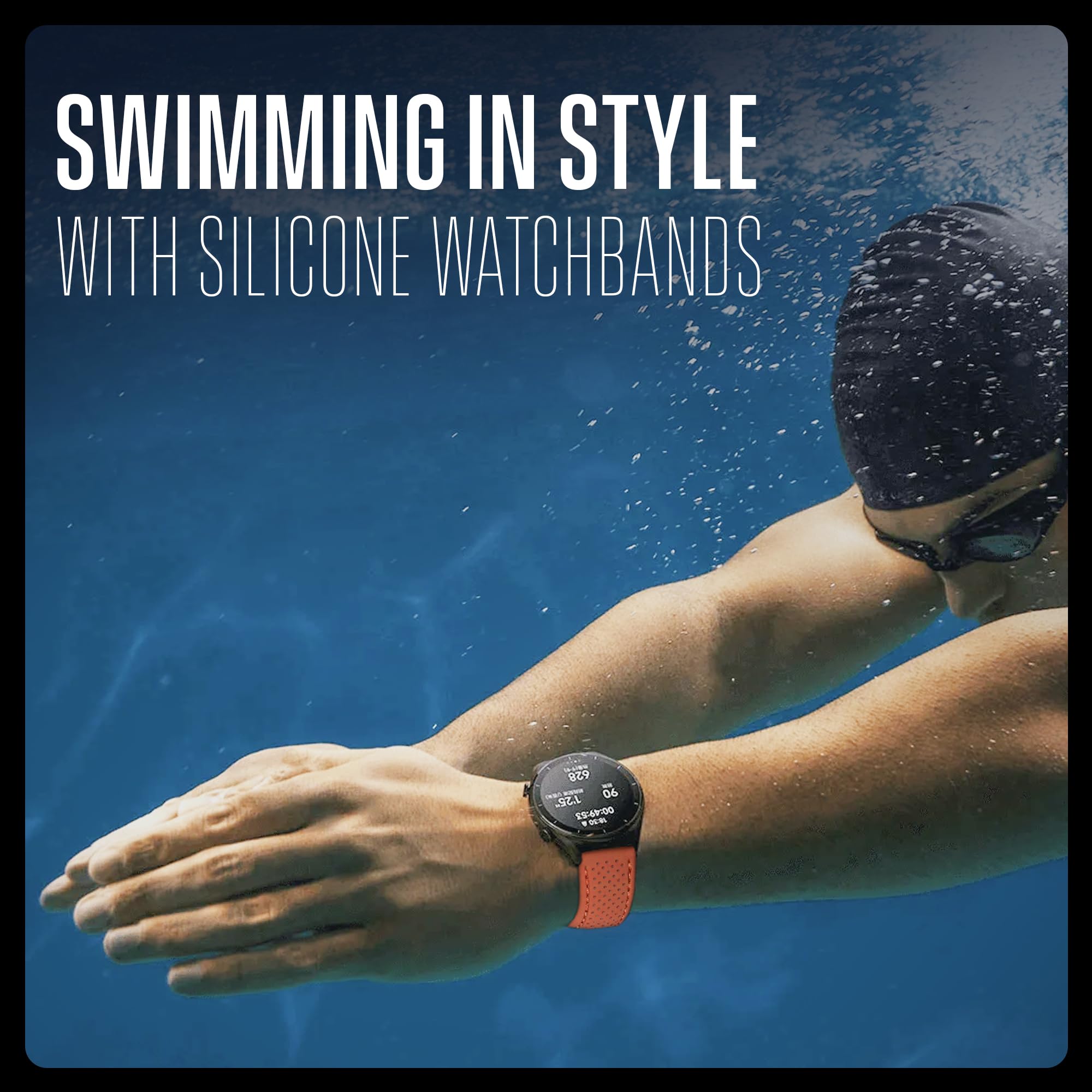 STUNNING SELECTION ALPINE Premium quality waterproof silicone watch band strap with quick release â Soft rubber black watch band 22mm - grey stitching