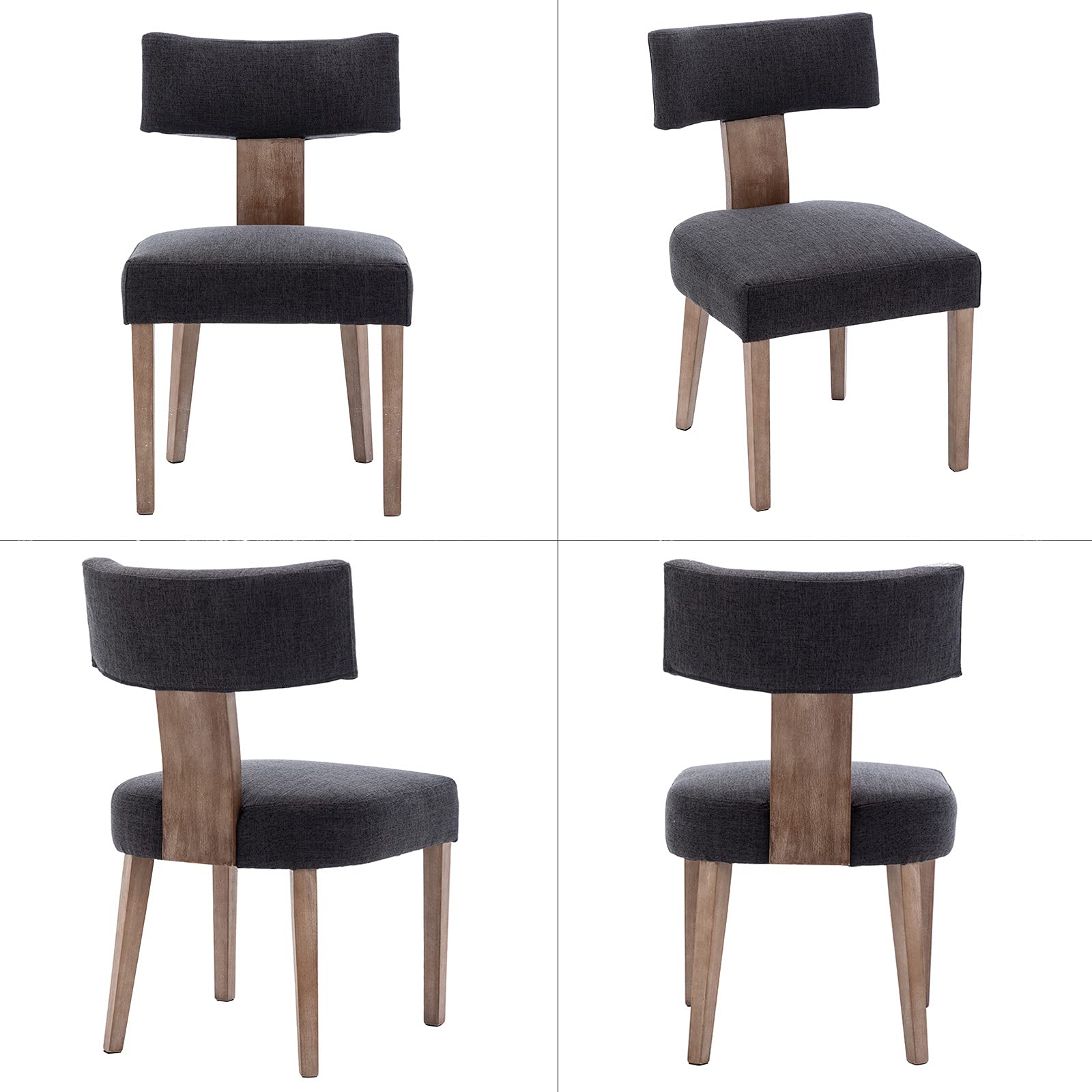 HNY, Hi&Yeah Mid Century Modern Dining Chairs, Linen Fabric Upholstered and Curved Backrest Kitchen Chairs Set of 2, with Hardwood Frame, Charcoal