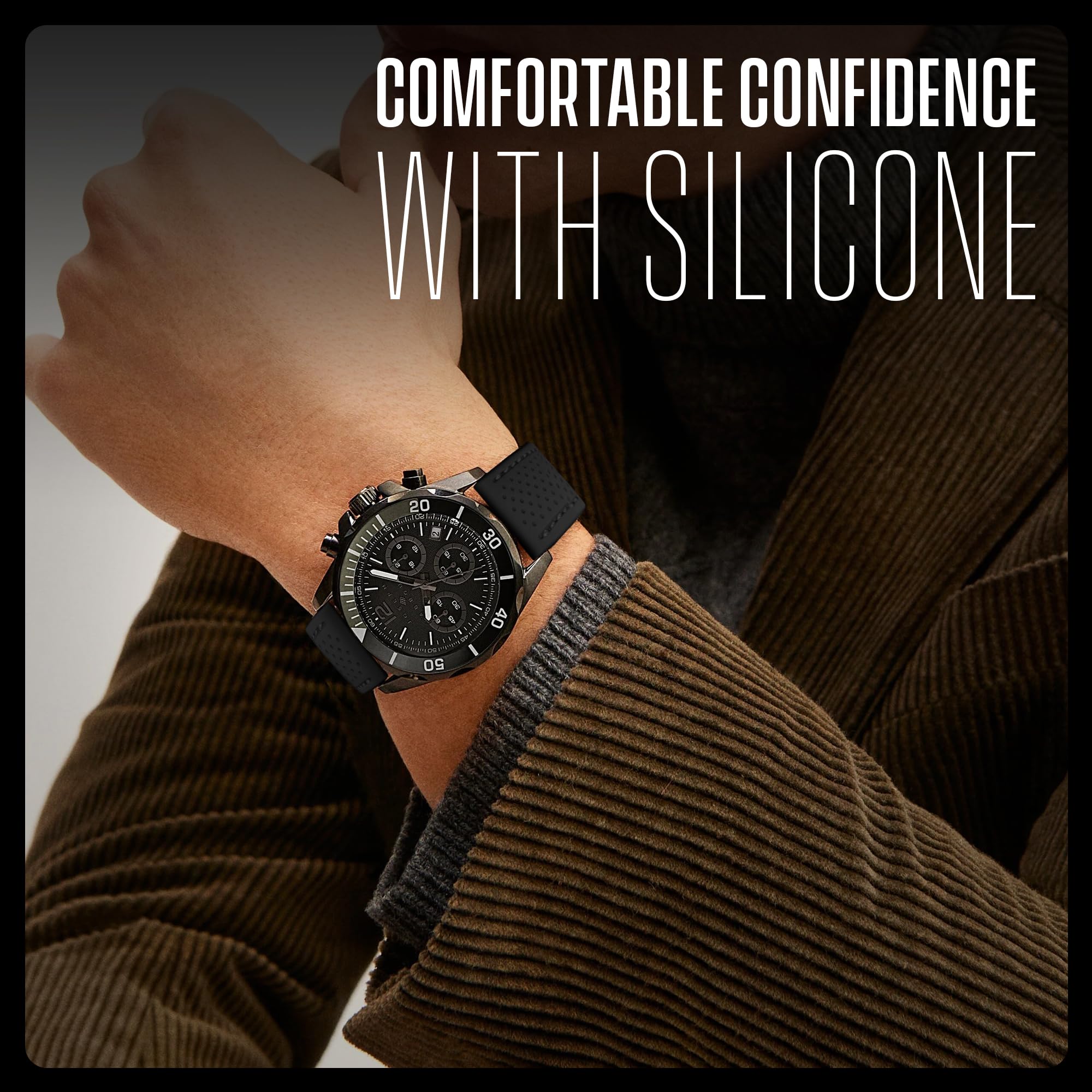 STUNNING SELECTION ALPINE Premium quality waterproof silicone watch band strap with quick release â Soft rubber black watch band 22mm - grey stitching