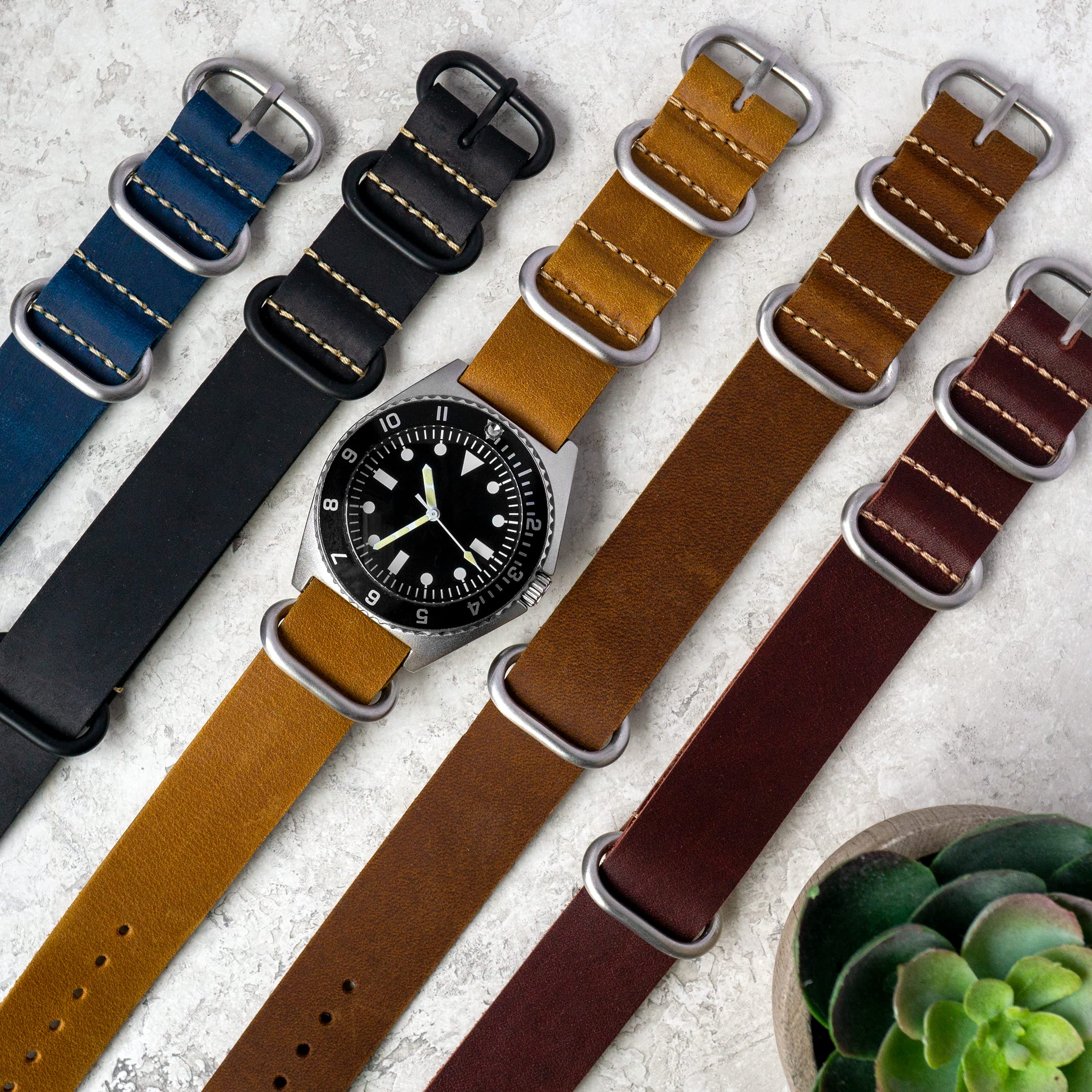 Benchmark Basics Leather Watch Band - Zulu Crazy Horse Oiled Leather Military Style One-Piece Watch Strap - 18mm Dark Brown
