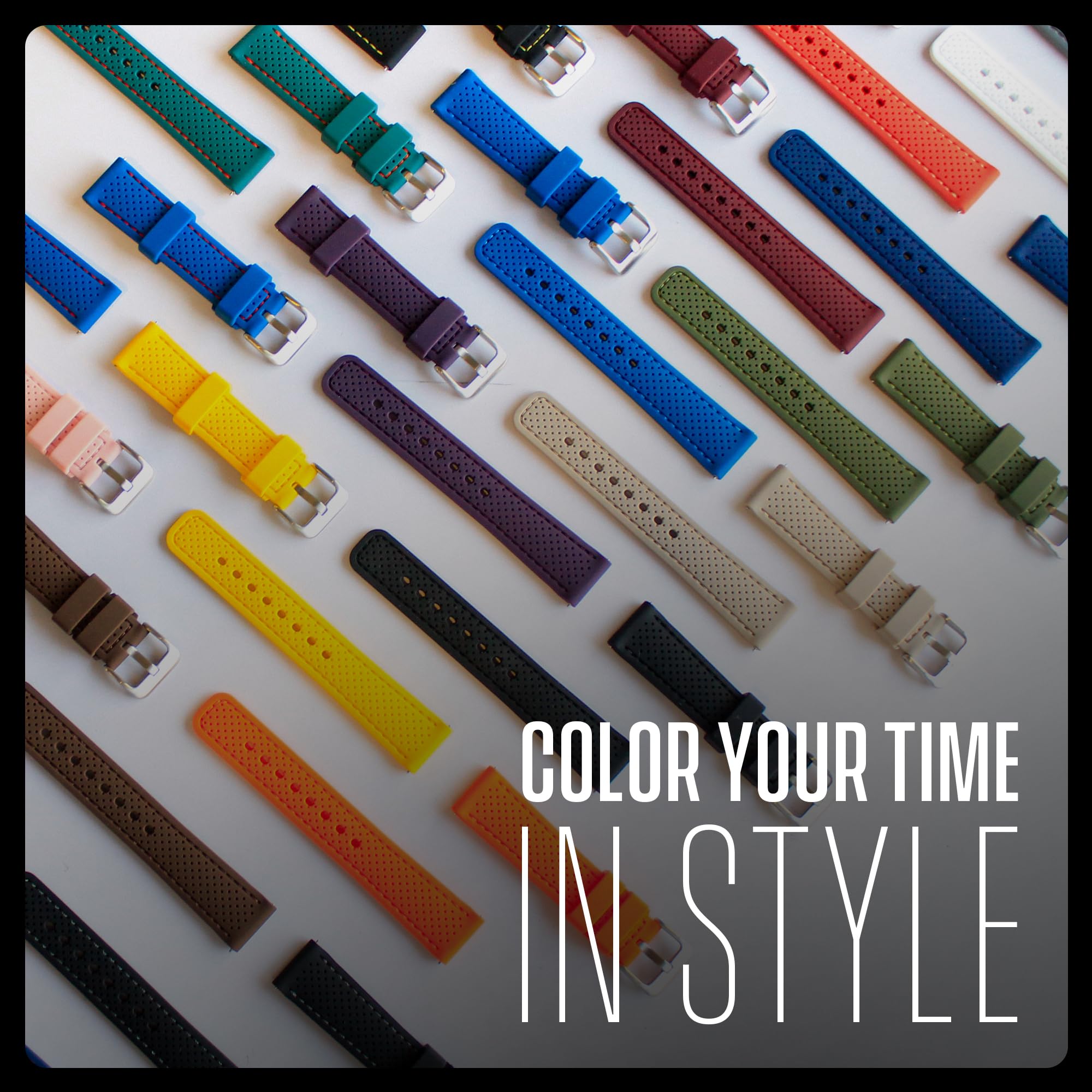 STUNNING SELECTION ALPINE Premium quality waterproof silicone watch band strap with quick release â Soft rubber black watch band 22mm - grey stitching