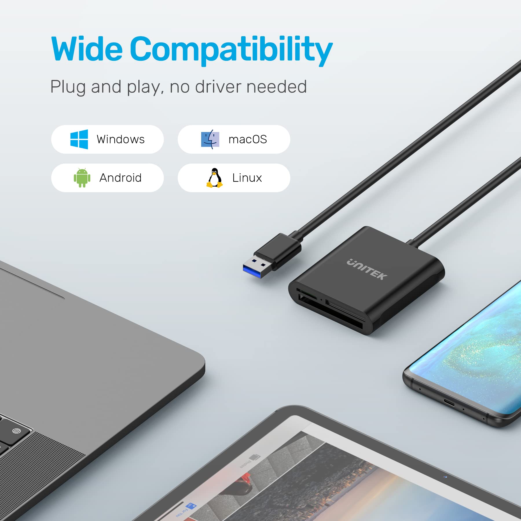 Unitek USB Card Reader 3-Slot USB 3.0 Compact Flash Card Reader, Read 3 Cards Simultaneously, Aluminum Memory Card Adapter CF, TF, SDXC, SDHC, SD, Micro SDXC, Micro SD, Micro SDHC- 4FT (Black)