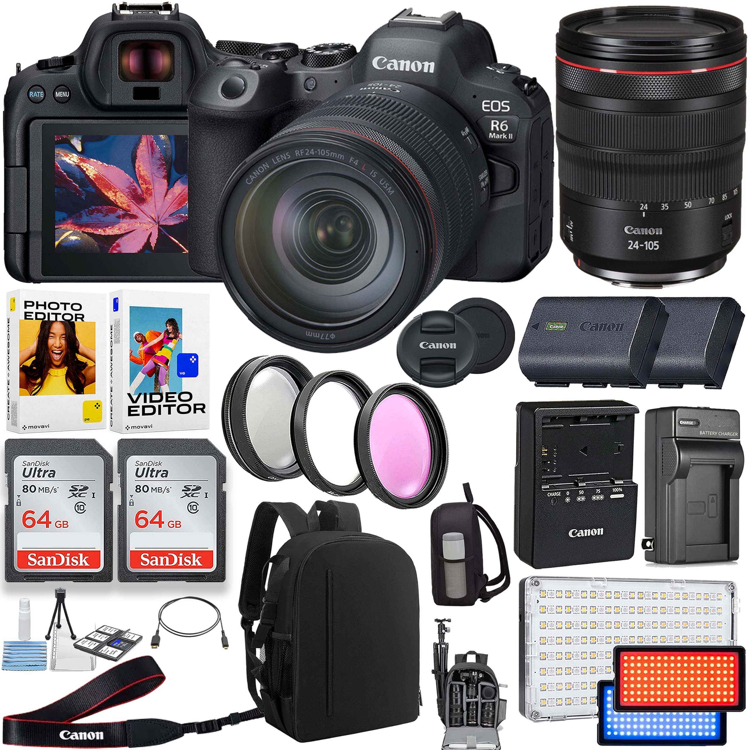 Canon EOS R6 Mark II Mirrorless Camera with Canon RF 24-105mm f/4 L is USM Lens + 2pc 64GB Memory Cards + LED Video Light + Spare Battery + Case & More (Renewed)