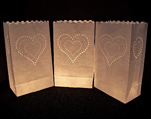 CleverDelights White Luminary Bags - 50 Count - Heart of Hearts Design - Wedding Party Christmas Holiday Luminaria