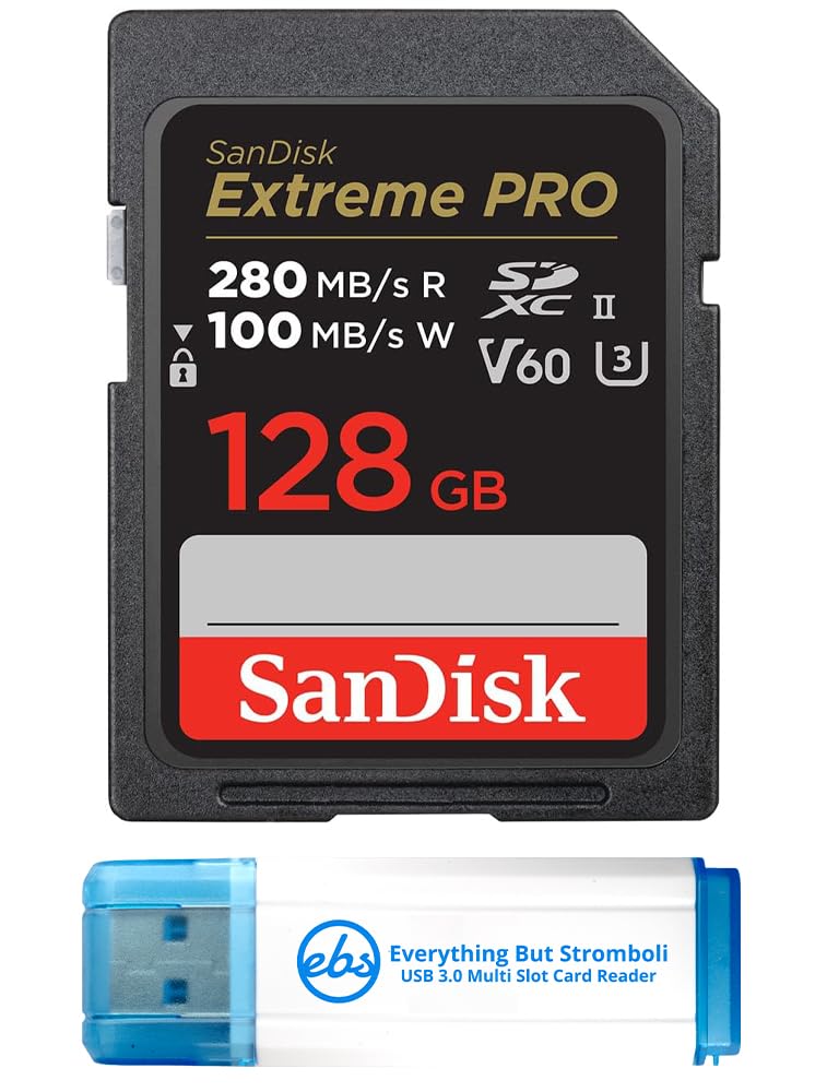 SanDisk 128GB Extreme Pro SD UHS-II Memory Card Works with Canon EOS R3 and EOS R10 Mirrorless Camera (SDSDXEP-128G-GN4IN) Bundle with (1) Everything But Stromboli 3.0 Micro & SDXC Card Reader