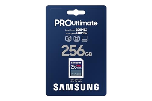 SAMSUNG PRO Ultimate Full Size 256GB SDXC Memory Card, Up to 200 MB/s, 4K UHD, UHS-I, C10, U3, V30, A2, for DSLR, Mirrorless Cameras, PCs, MB-SY256S/AM