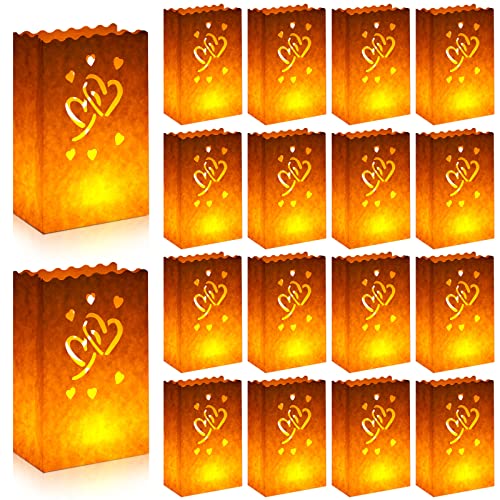 100 Pcs Valentine's Day White Luminary Bags Flame Resistant Candle Bags Hearts Design Valentines Luminaries Reusable Paper Lantern Bags Fire Retardant Candle Bags for Wedding Spring Engagement Event