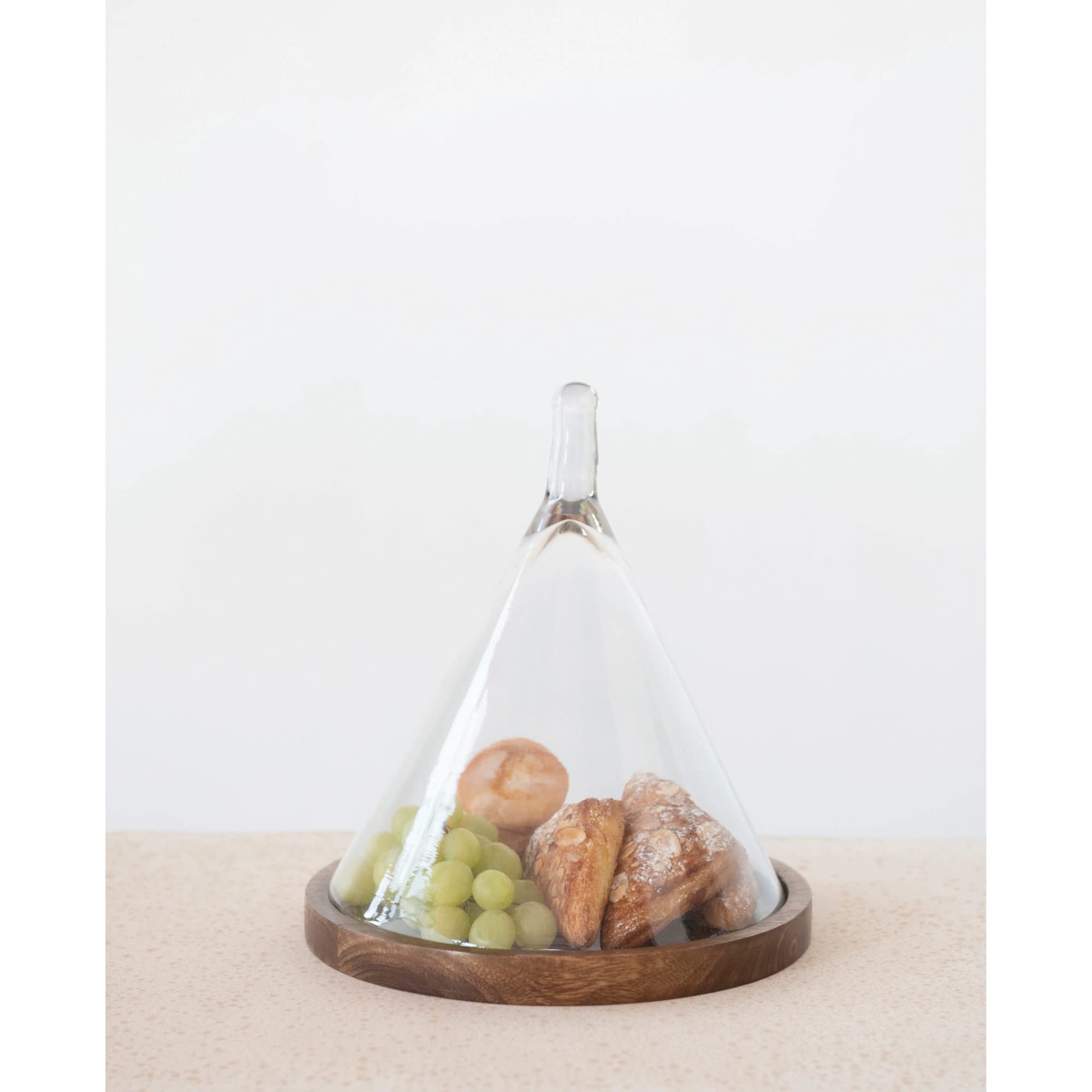 Creative Co-Op Glass Cone Shaped Cloche with Mango Wood Base