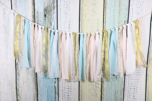 Fabric Tassel Garland Rag Tie Garland Shabby Chic Blush Banner for Wedding Decor Baby Shower Party Decor Home Decor Wall Hanging Boho Decor Birthday Banner (Pink+Gold+Blue)