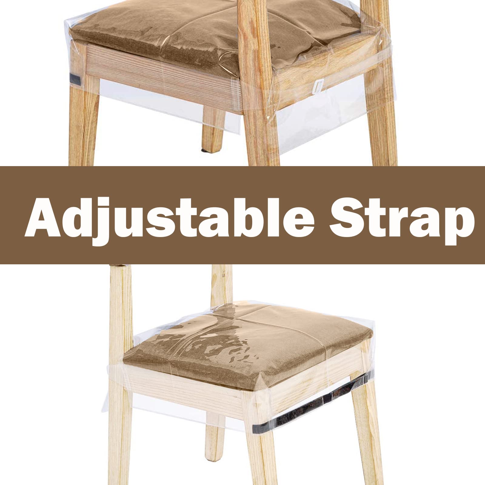 4 Pack Plastic Seat Covers, Plastic Chair Covers for Dining Room Chairs, Stain, Water and Kitty Scratch Resistant Clear Pvc Chair Protector with Adjustable Strap for Most 18" - 20" Standard Chair