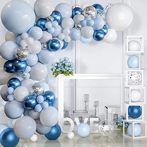 136 Pieces/PCS Blue Balloon Garland Arch Kit Metallic Blue White and Silver Confetti Latex Balloons for Baby Shower Birthday Wedding Graduation Bachelorette Anniversary Party Background Decorations