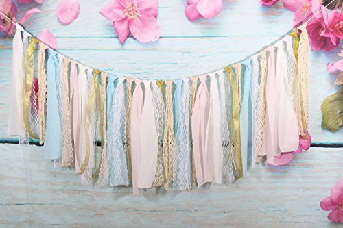Fabric Tassel Garland Rag Tie Garland Shabby Chic Blush Banner for Wedding Decor Baby Shower Party Decor Home Decor Wall Hanging Boho Decor Birthday Banner (Pink+Gold+Blue)