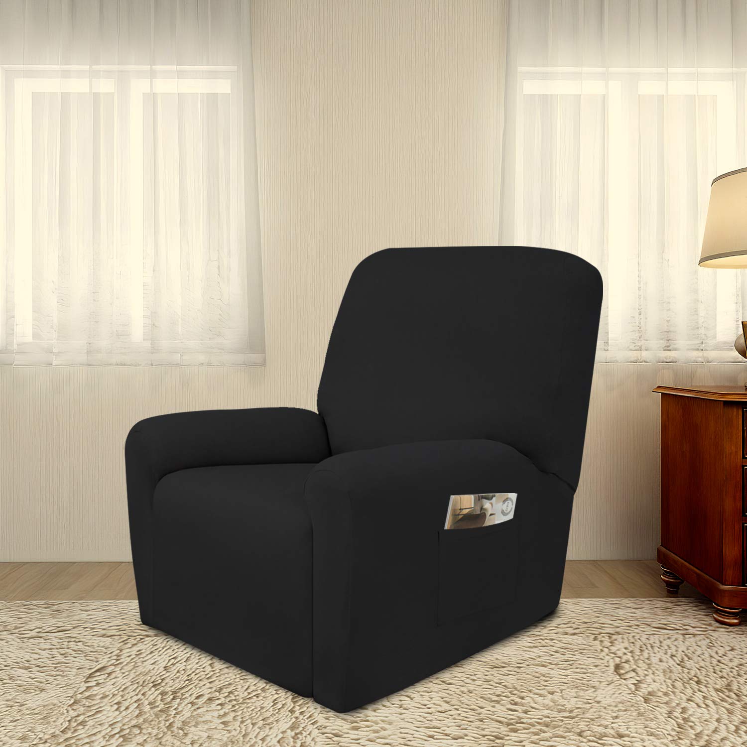 PureFit Super Stretch Recliner Sofa Slipcover with Pocket – Spandex Non Slip Soft Couch Sofa Cover, Washable Furniture Protector with Elastic Bottom for Kids, Pets (Recliner, Black)