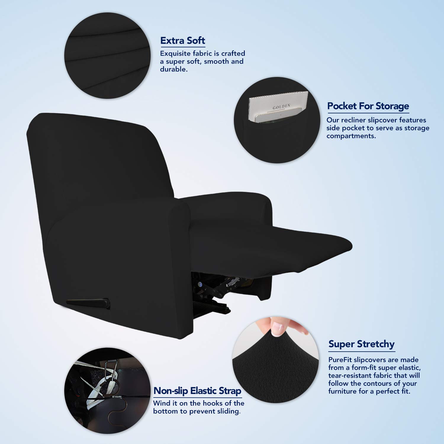PureFit Super Stretch Recliner Sofa Slipcover with Pocket – Spandex Non Slip Soft Couch Sofa Cover, Washable Furniture Protector with Elastic Bottom for Kids, Pets (Recliner, Black)