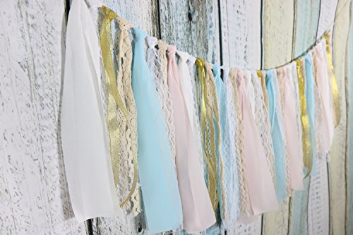 Fabric Tassel Garland Rag Tie Garland Shabby Chic Blush Banner for Wedding Decor Baby Shower Party Decor Home Decor Wall Hanging Boho Decor Birthday Banner (Pink+Gold+Blue)