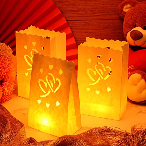 100 Pcs Valentine's Day White Luminary Bags Flame Resistant Candle Bags Hearts Design Valentines Luminaries Reusable Paper Lantern Bags Fire Retardant Candle Bags for Wedding Spring Engagement Event