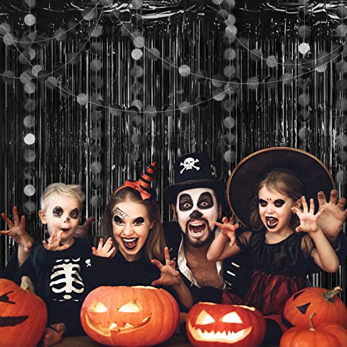 6 pcs Black Fringe Curtains Party Decorations with Garlands Streamers Photobooth Props Party Backdrop Background for Wedding Halloween Birthday Bridal Shower Bachelor Party SuppliesÂ
