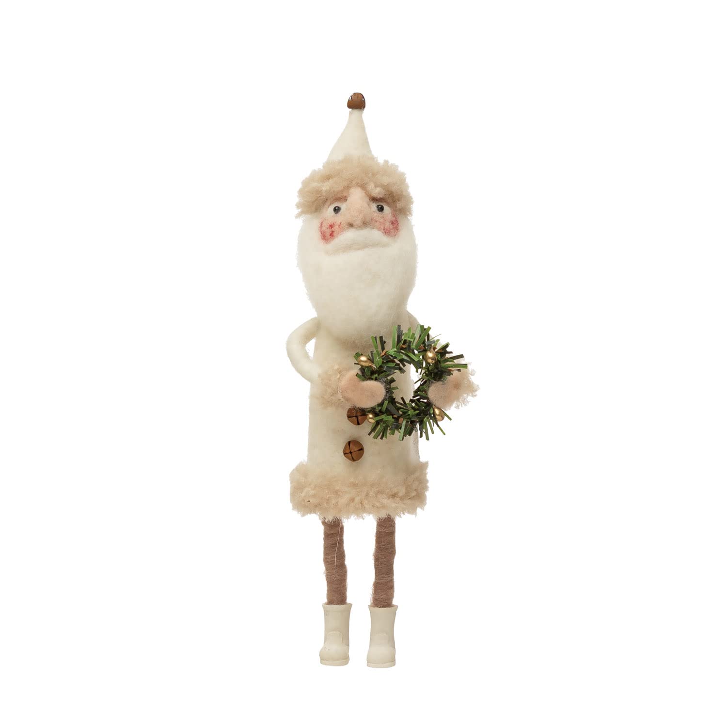 Creative Co-Op Wool Felt Santa with Jingle Bell Buttons and Wreath, Cream