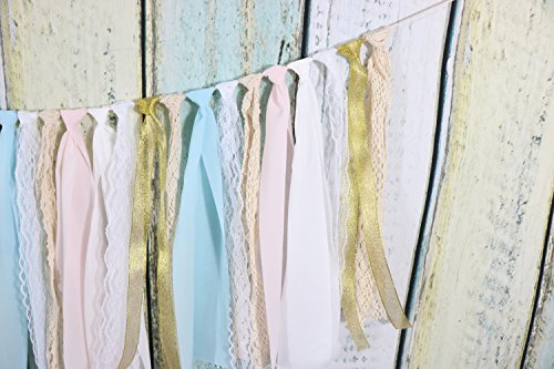 Fabric Tassel Garland Rag Tie Garland Shabby Chic Blush Banner for Wedding Decor Baby Shower Party Decor Home Decor Wall Hanging Boho Decor Birthday Banner (Pink+Gold+Blue)