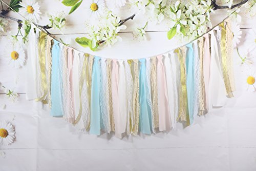 Fabric Tassel Garland Rag Tie Garland Shabby Chic Blush Banner for Wedding Decor Baby Shower Party Decor Home Decor Wall Hanging Boho Decor Birthday Banner (Pink+Gold+Blue)