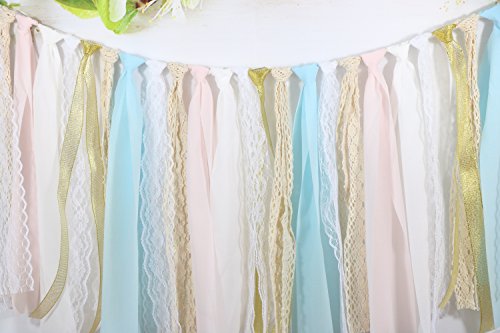 Fabric Tassel Garland Rag Tie Garland Shabby Chic Blush Banner for Wedding Decor Baby Shower Party Decor Home Decor Wall Hanging Boho Decor Birthday Banner (Pink+Gold+Blue)