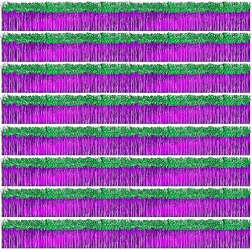 20 Pcs Mardi Gras Parade Float Decorations Including 8 Pcs 10 ft Metallic Foil Fringe Curtains 12 Pcs 6.5 ft Tinsel Garland for Carnival St. Patrick's Day Party Car Decorations (Purple, Green)