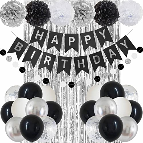 ANSOMO Black and Silver Happy Birthday Party Decorations Banner Balloons Women Men Boys Girls Him Her 13th 15th 16th 18th 20th 21st 25th 30th 35th 40th 45th 50th