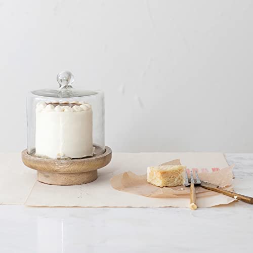 Creative Co-Op Glass Cloche with Footed Mango Wood Base, Set of 2 Pieces, 7''L x 7''W x 8''H