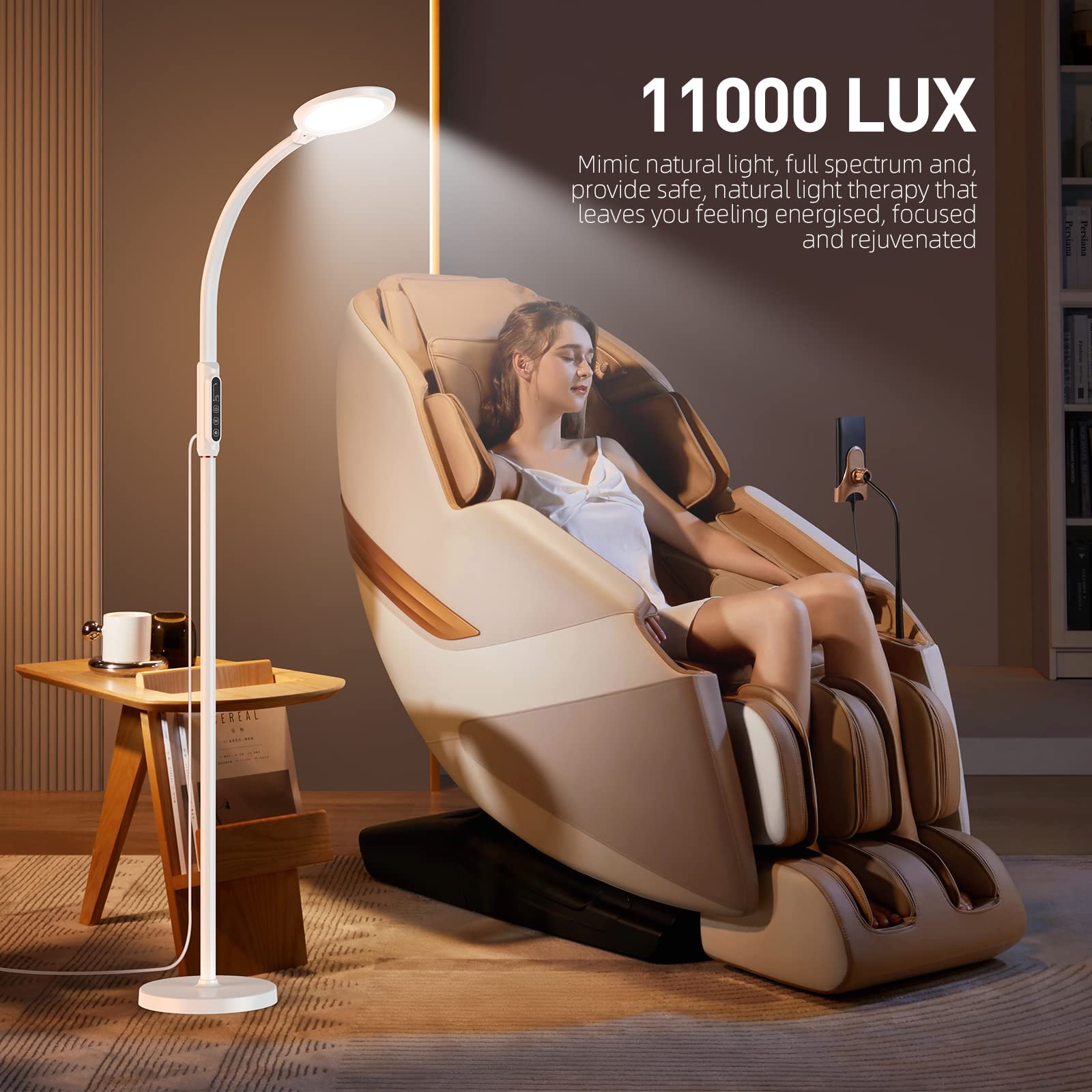 FBBJFF Light Therapy Lamp 11000 Lux, LED UV-Free Sunlight Lamp,Full Spectrum Happy Therapy Lamp with 10 Adjustable Brightness Levels, 2 in 1 Retractable Floor Light Therapy Lamp