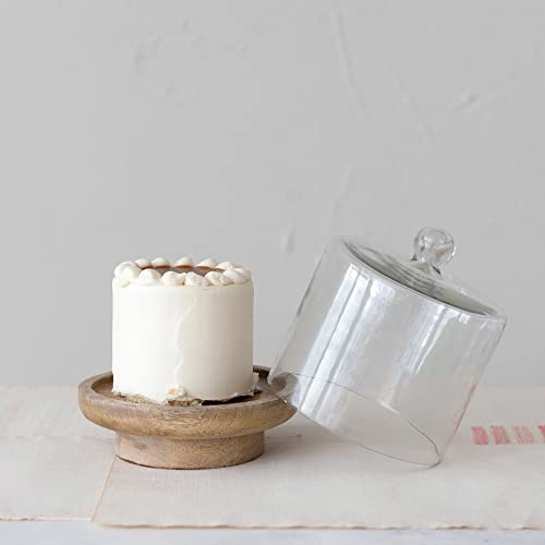 Creative Co-Op Glass Cloche with Footed Mango Wood Base, Set of 2 Pieces, 7''L x 7''W x 8''H
