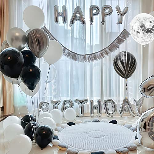 Black White Silver Party Balloons, 50pcs 12 Inch Thicker Marble Black and Pearl White Metallic Confetti Latex Balloons with Ribbon for Birthday Anniversary Decorations