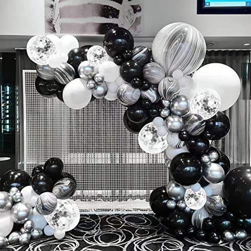 Black White Silver Party Balloons, 50pcs 12 Inch Thicker Marble Black and Pearl White Metallic Confetti Latex Balloons with Ribbon for Birthday Anniversary Decorations