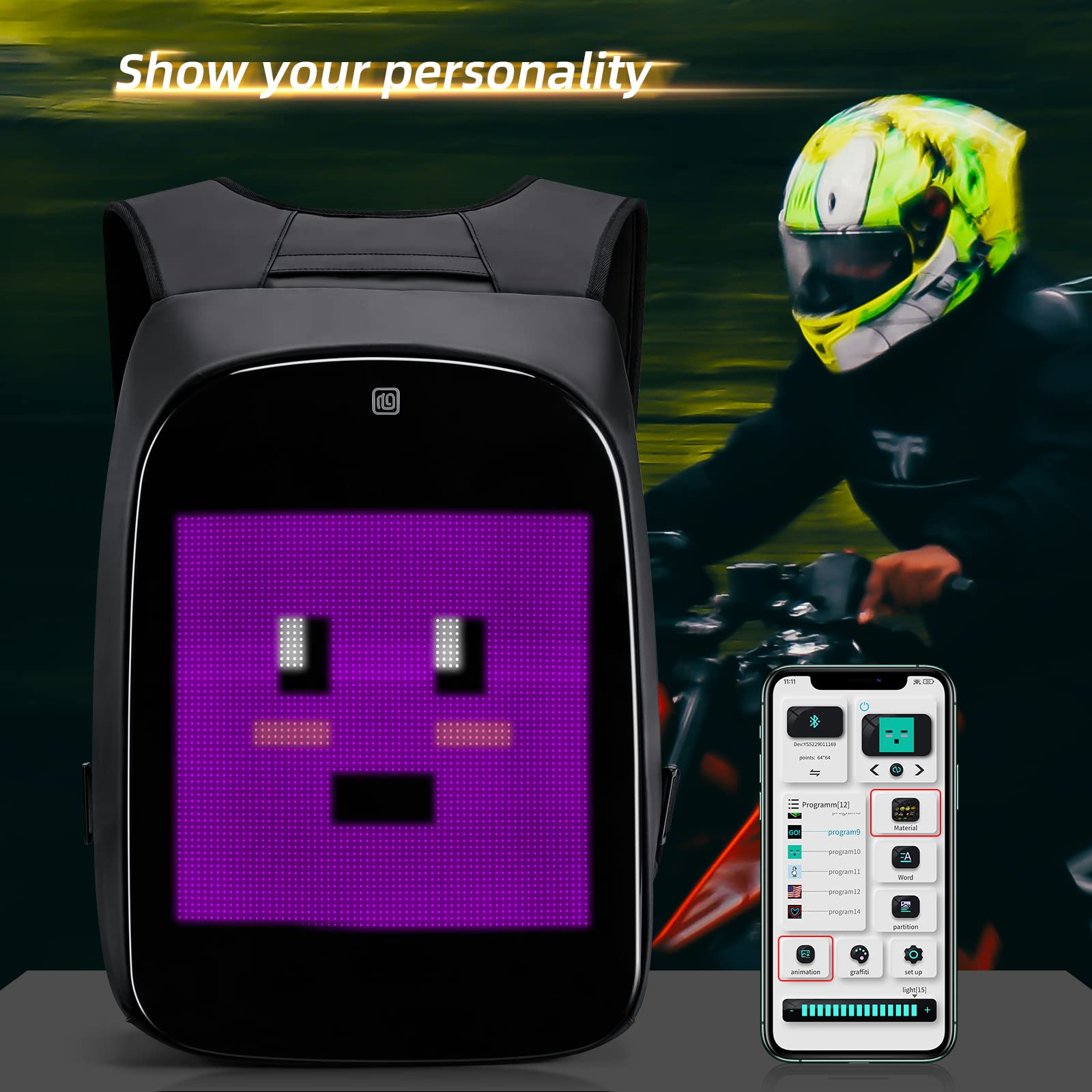 Gelrova LED Motorcycle Helmet Backpack Rampage Serise, 17 Inch Cool DIY Pixel Art Animation Fashion LED Display LaptopProgramming Backpack, Unique Gift for Men or Women